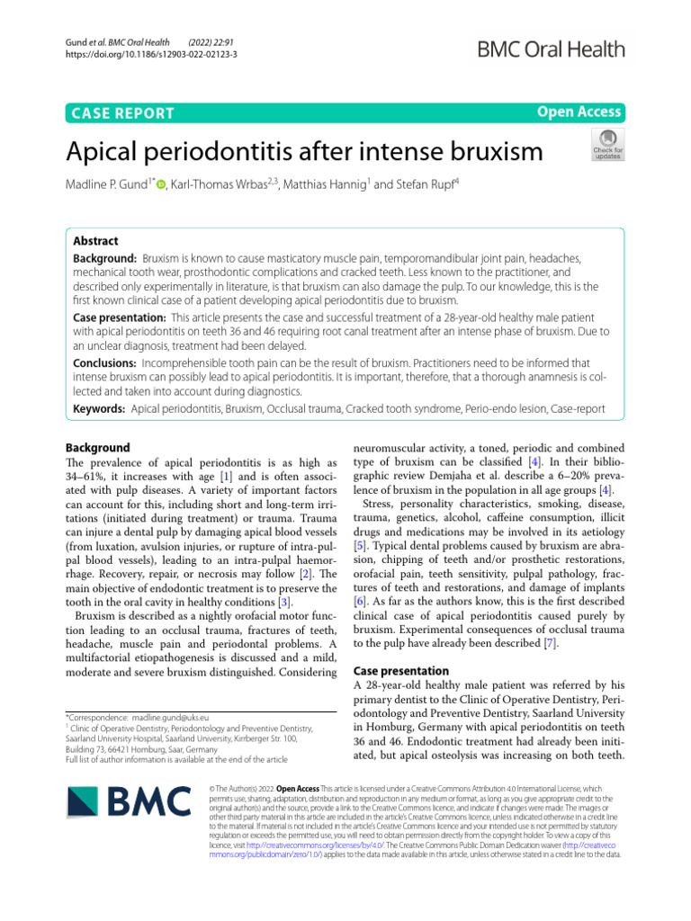 Apical Periodontitis After Intense Bruxism | PDF | Human Tooth | Dentistry