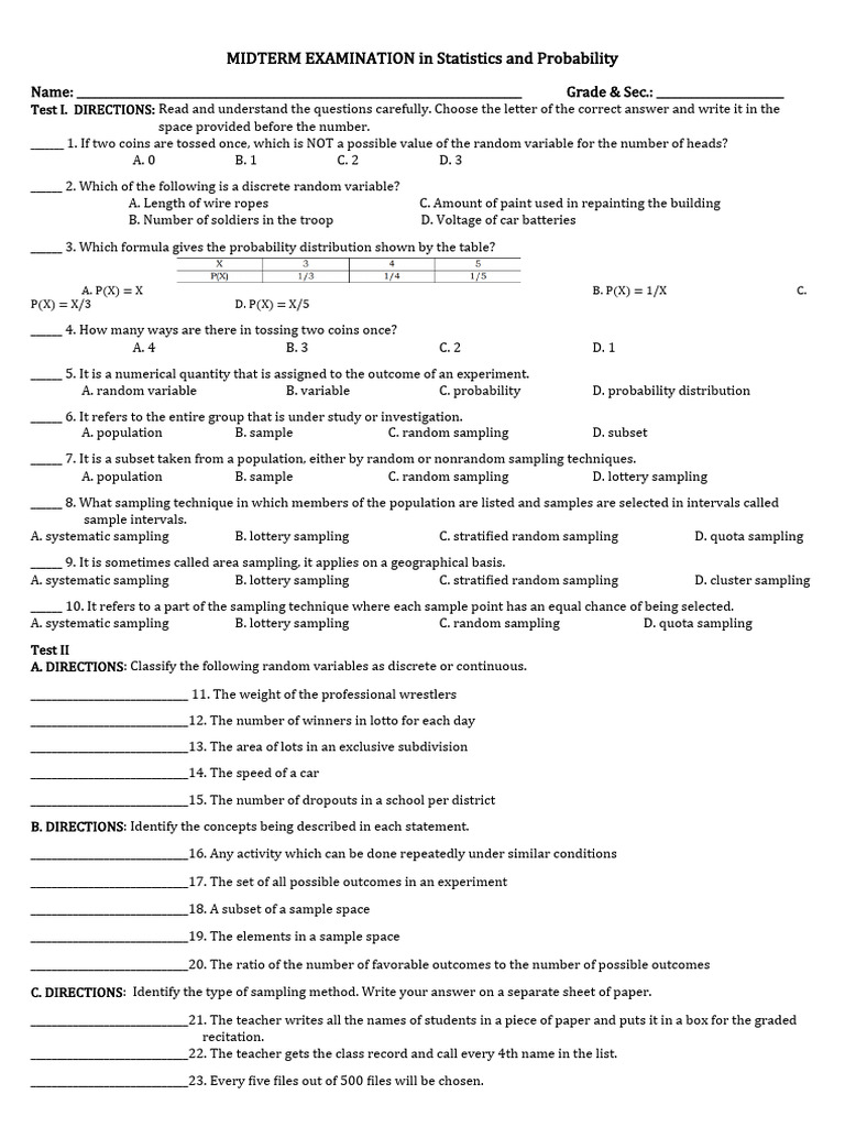 Test Questionnaire - Basic Statistics and Probability | PDF | Sampling ...