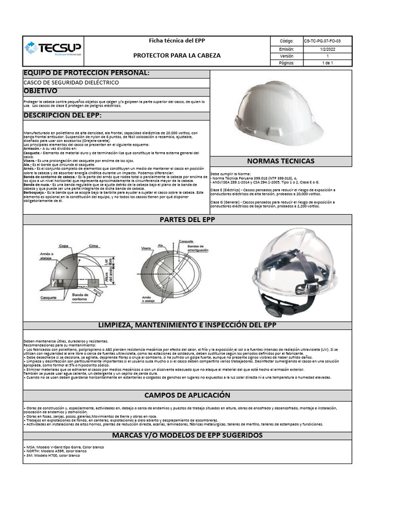 Modelo de FICHA - TECNICA - DEL - CASCO DE SEGURIDAD DIELÉCTRICO-1 | PDF | Casco