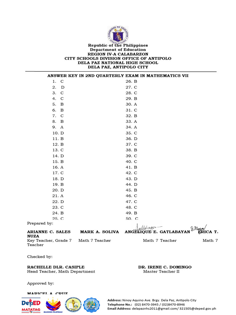 Answer Key Third Quarterly Exam in Mathematics 7 | PDF