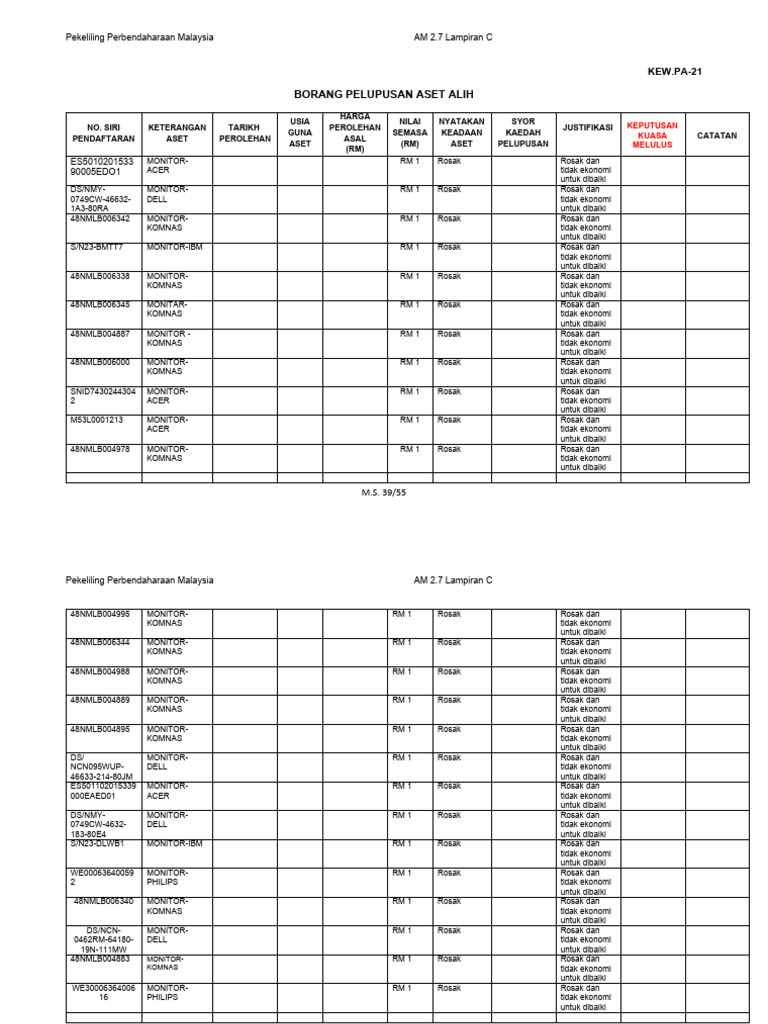 Borang Pelupusan Aset SK Nyatoh Kew - Pa-21 | PDF
