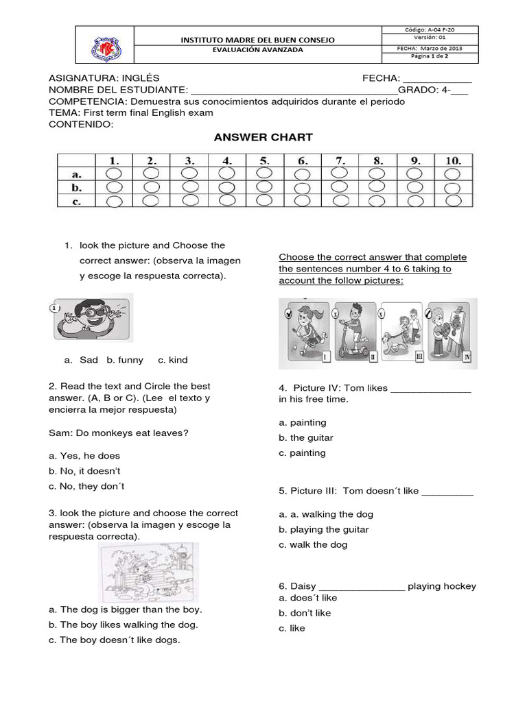 A. Inglés Cuarto Primer Periodo | PDF
