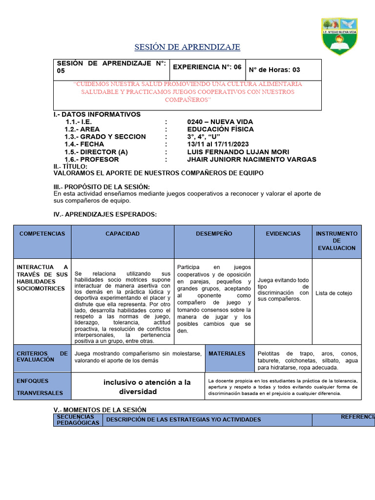 Sesión de Aprendizaje 05 IV Ciclo | Descargar gratis PDF | Aprendizaje | Cognición