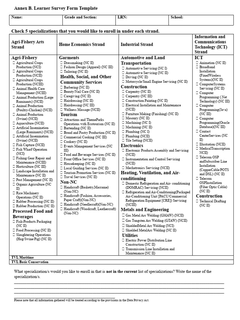 Learner Survey Form for Specializations | PDF | Welding | Construction