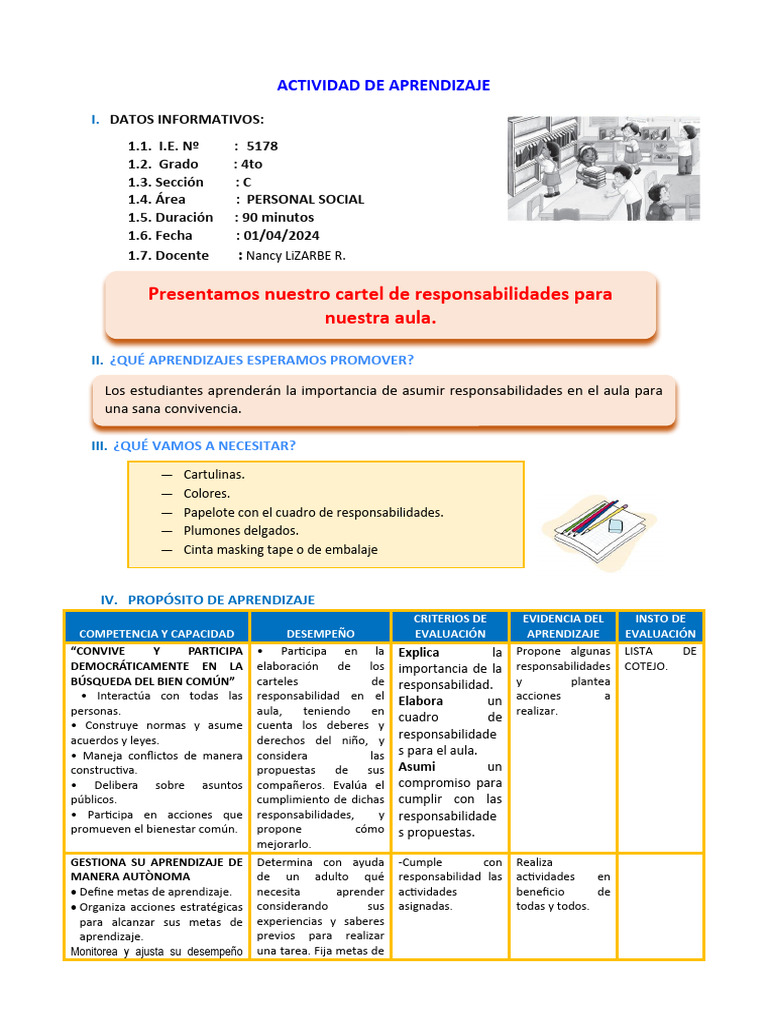 D1 A2 SESION PS Presentamos Nuestro Cartel de Responsabilidades para Nuestra Aula. | PDF ...