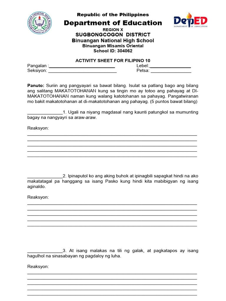 Activity Sheets Fil 10 Module 4 | PDF