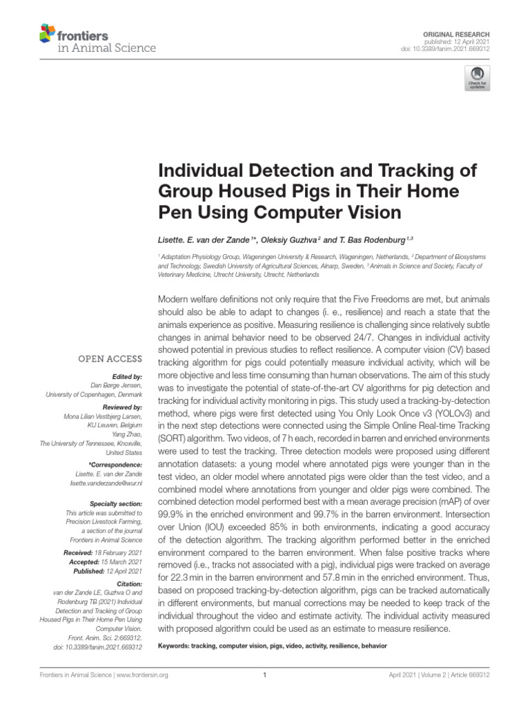 Individual Detection and Tracking of Group Housed Pigs in Their Home Pen Using Computer Vision | PDF