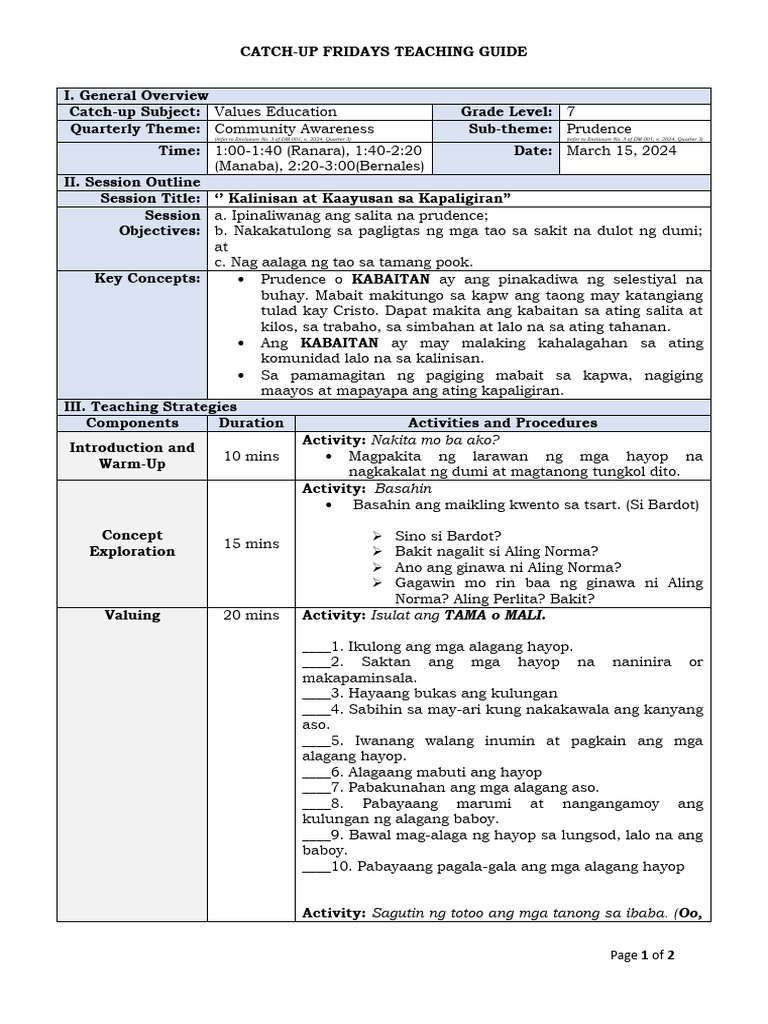 Teaching Guide Catchup Values Grade 7 | PDF