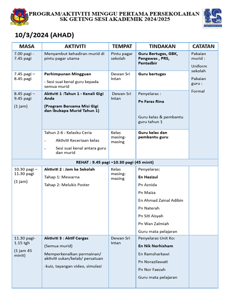 Program - Minggu - Pertama - Persekolahan 2024 | PDF