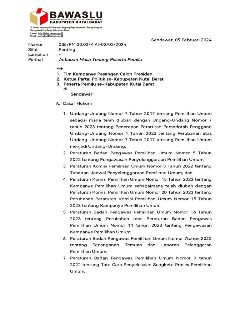 Imbauan Masa Tenang Pemilu 2024 | PDF