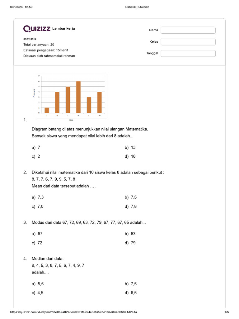 Quizizz - Statistik 1 | PDF