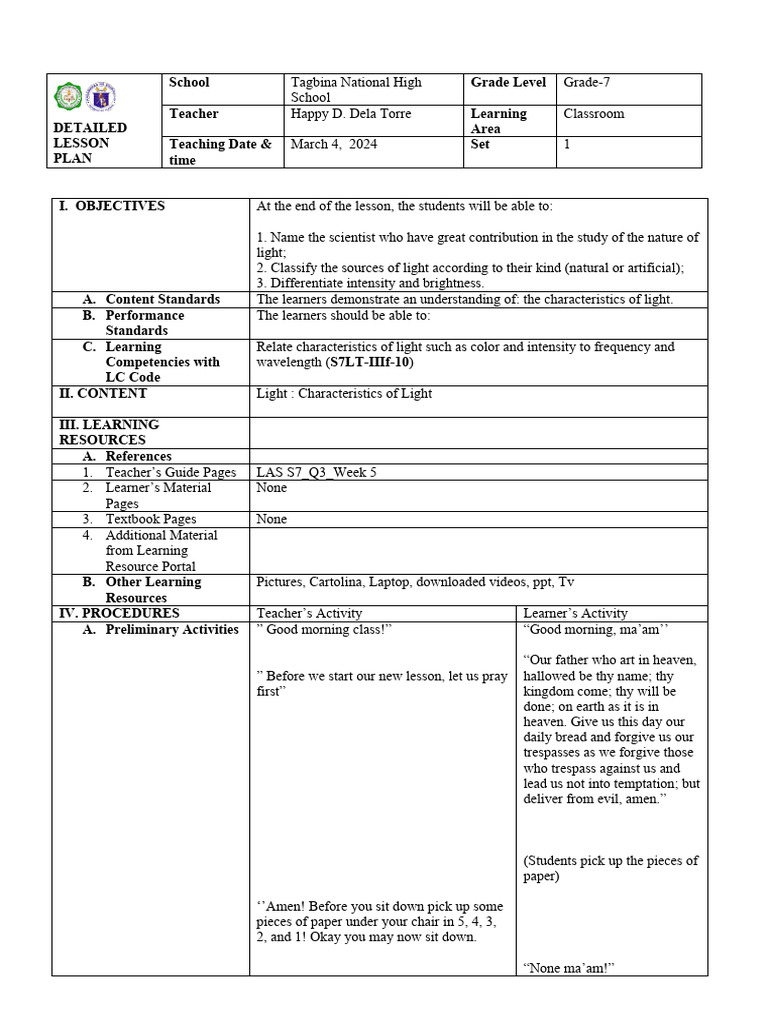 Grade 7 Lesson Plan: Light Characteristics | PDF | Light | Waves