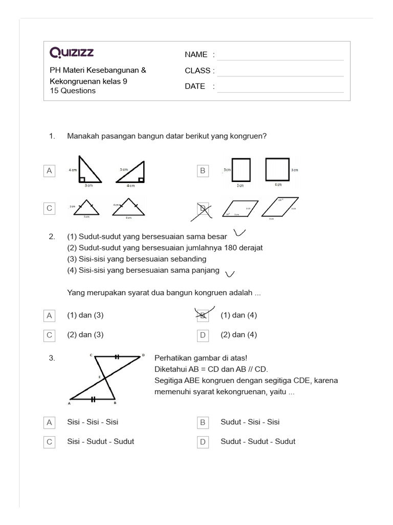 Latihan PH Kesebangunan Kekongruenan Kelas 9 | PDF