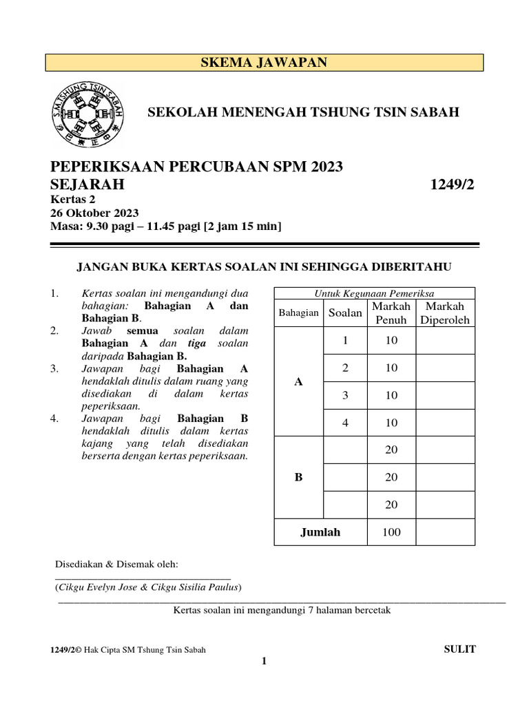 Skema Jawapan SPM Mock Sej 2023 | PDF