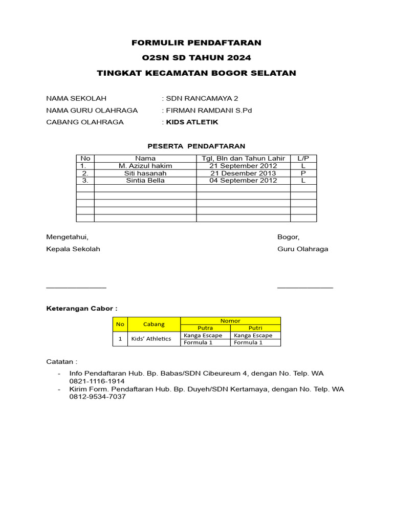 Formulir Pendaftaran O2SN SDN RANCAMAYA 2024 | PDF