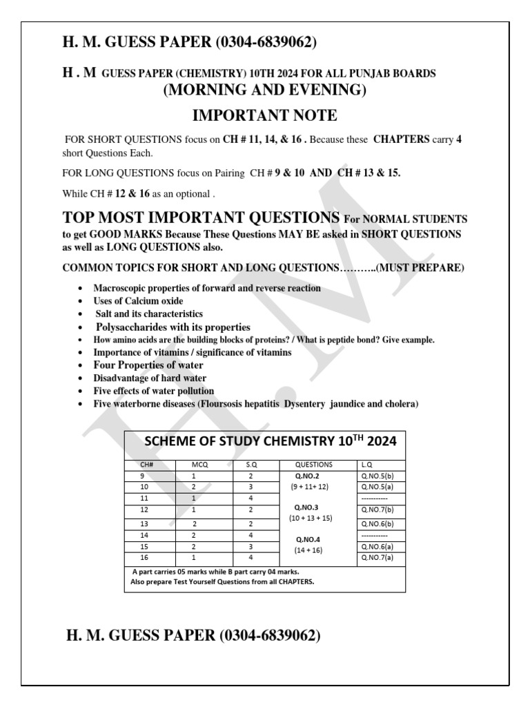 H - M Guess Chemistry 2024 Class 10TH | PDF | Acid | Chemical Reactions