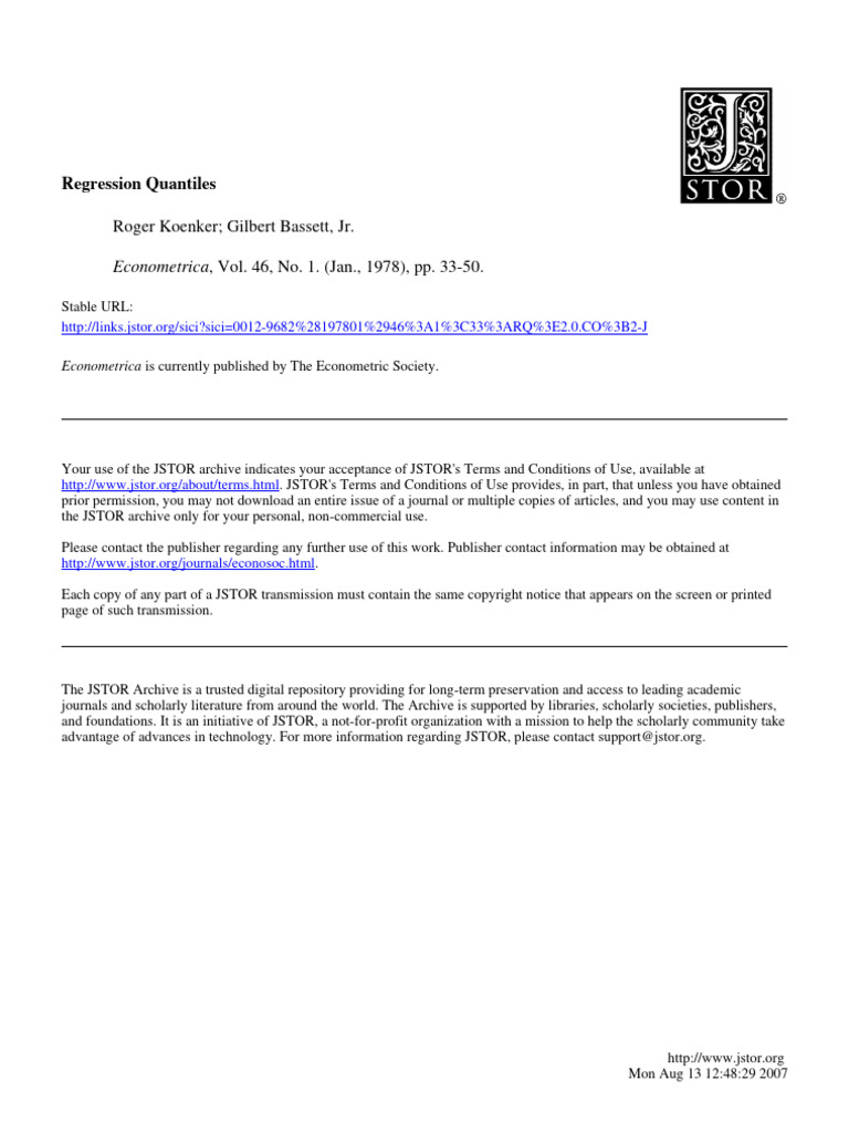 Koenker, R., & Bassett, G. (1978) - Regression Quantiles | PDF | Estimator | Normal Distribution