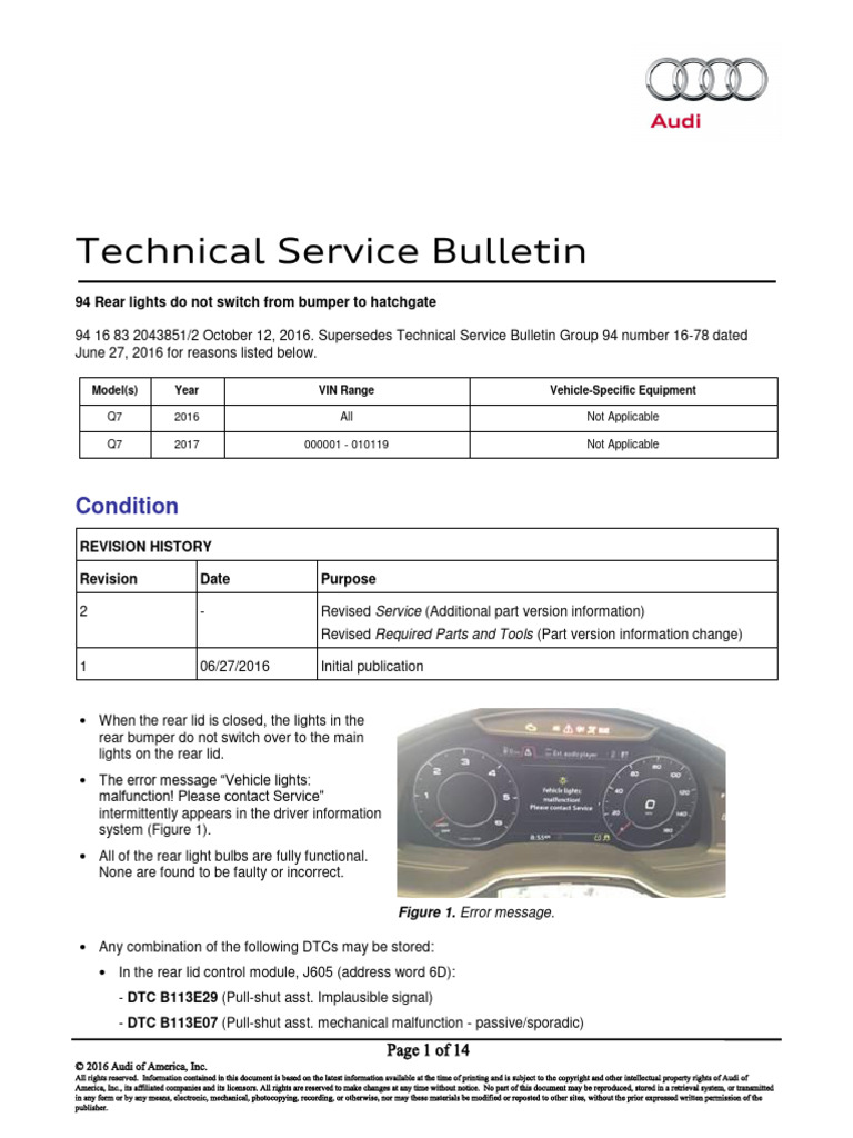 Audi Technical Service Bulletin Tail Gate Swtich Light | PDF ...