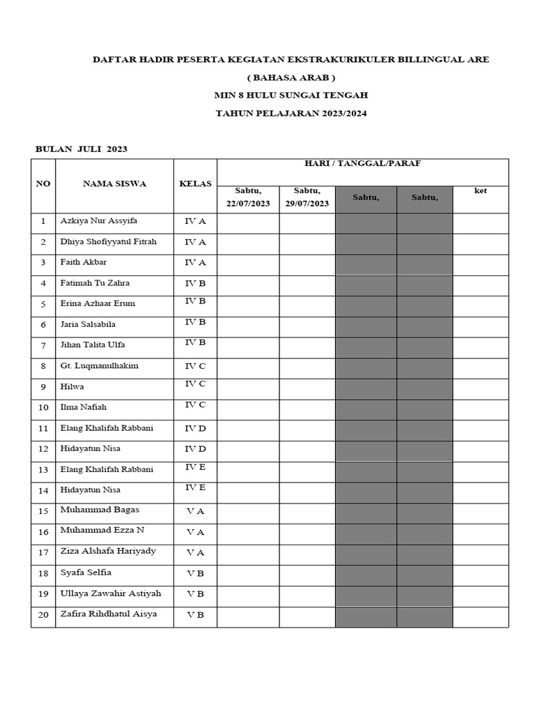 Daftar Hadir Peserta Kegiatan Ekstrakurikuler Billingual Are | PDF Daftar Hadir Peserta Kegiatan Ekstrakurikuler Billingual Are | PDF