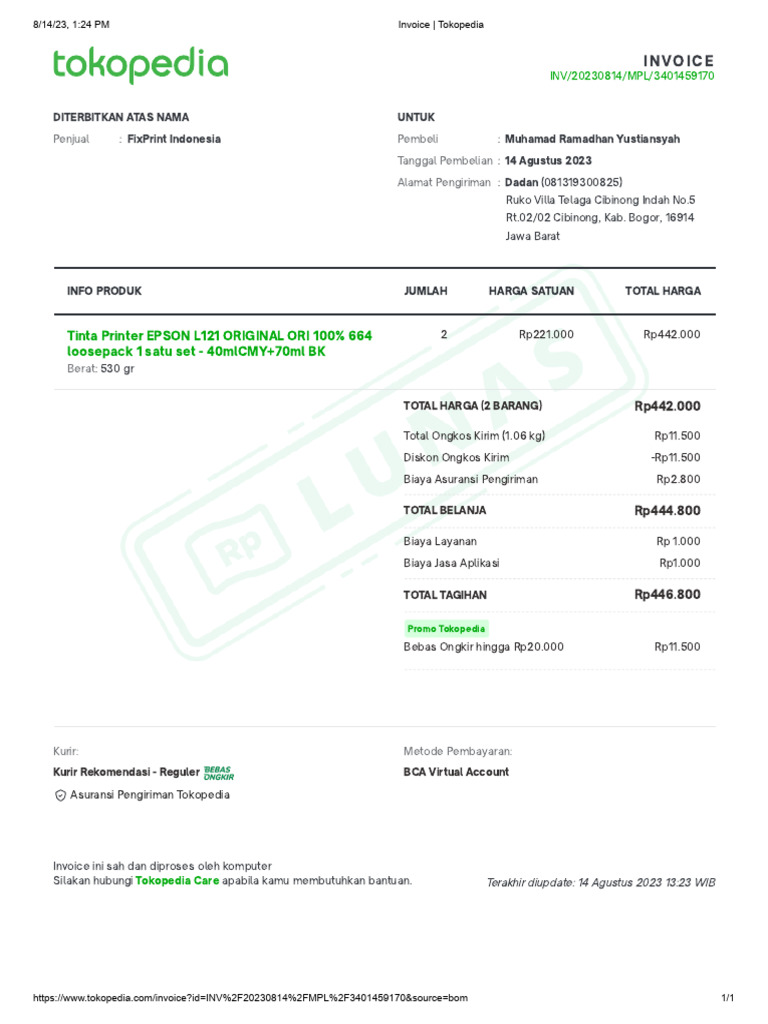 Invoice Pembelian Tinta Printer Tokopedia | PDF