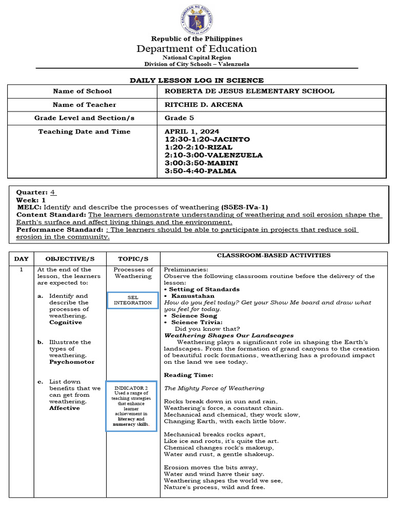 Science DLP Q4 Week1 April 1 | PDF | Rock (Geology) | Weathering