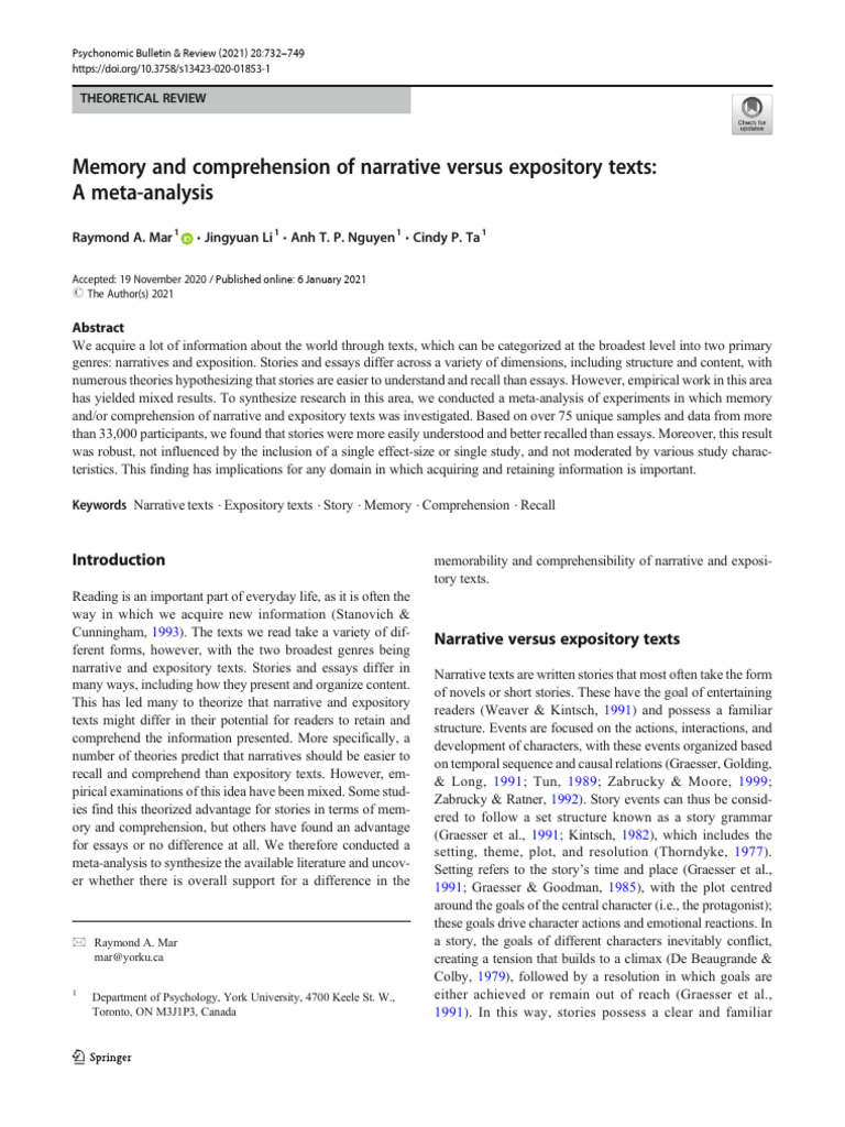 Memory and Comprehension of Narrative Versus Expository Texts: A Meta ...