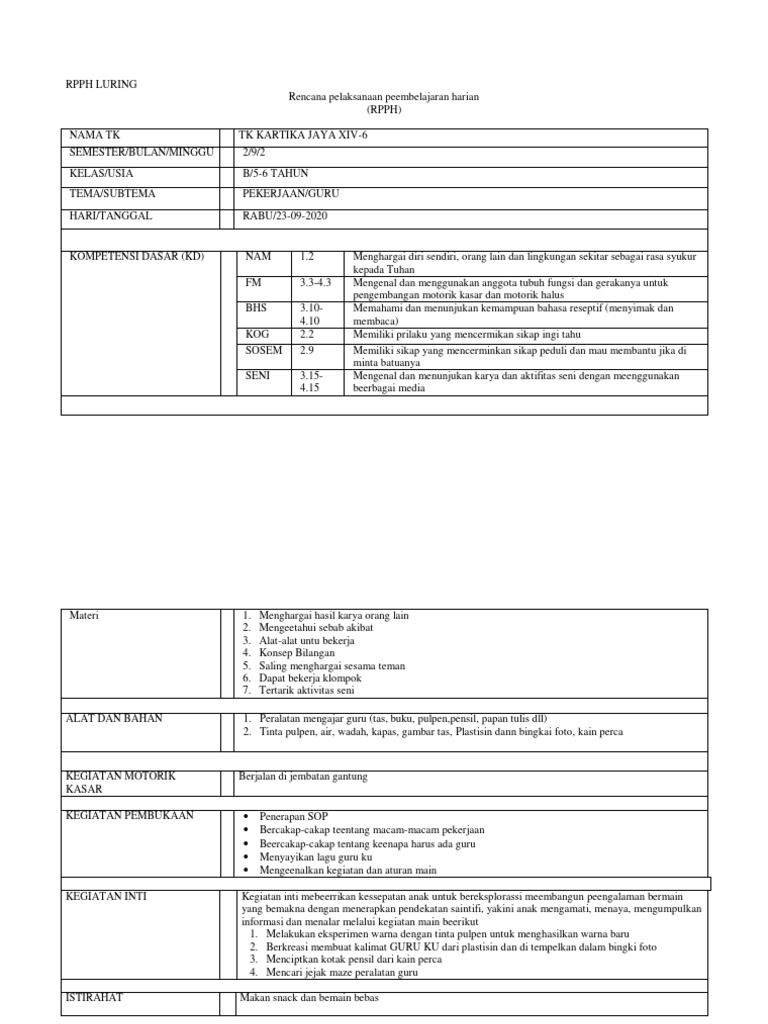 Rencana - Pembelajaran - Harian - Luring - Gurur - Paud | PDF