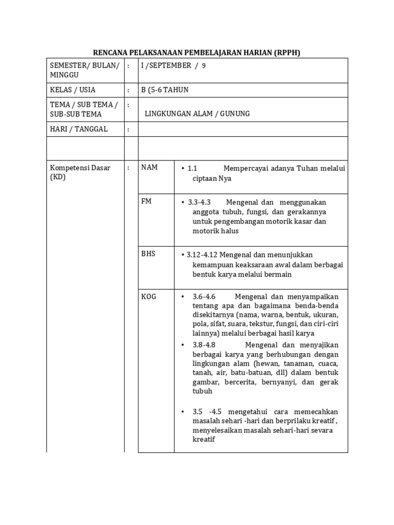 Rencana Pembelajaran Harian Paud TK | PDF
