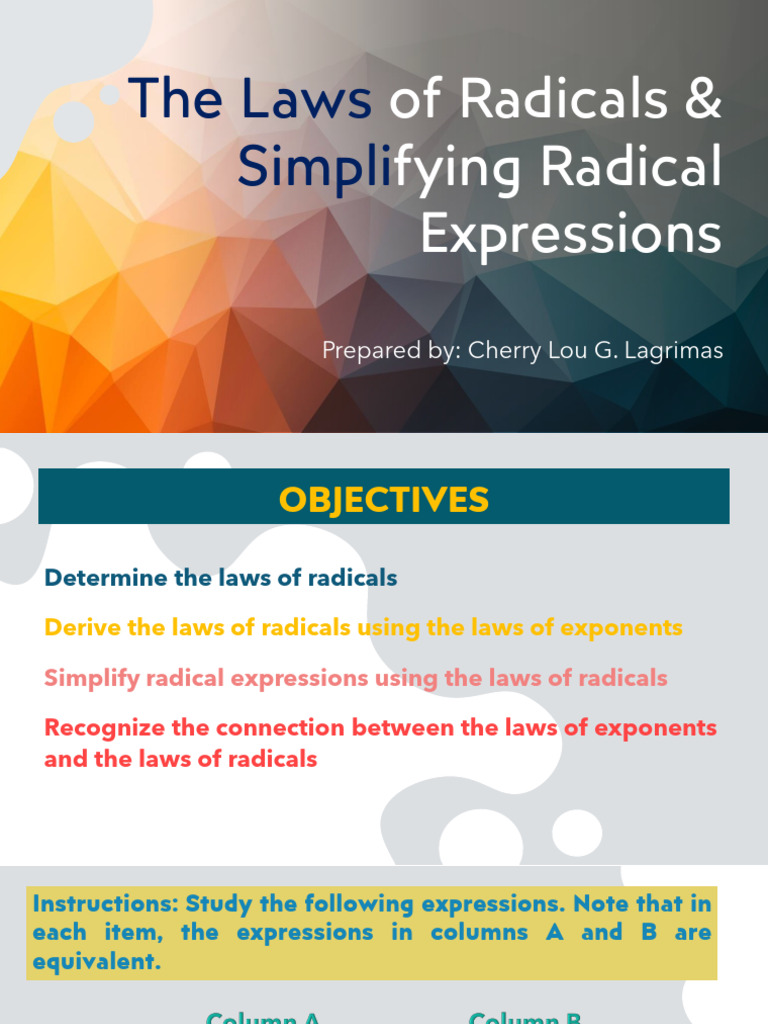 Laws of Radicals and Simplification Guide | PDF | Exponentiation ...