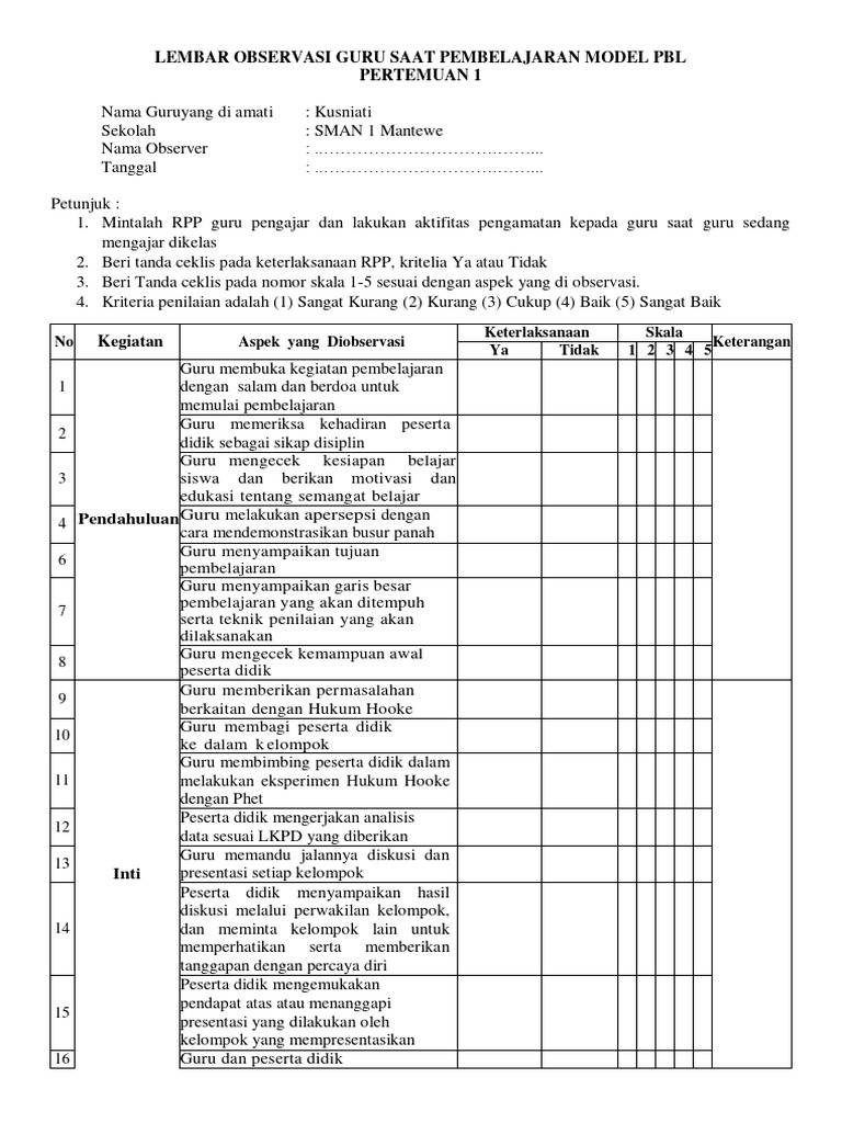 Penilaian Keterlaksanaan RPP | PDF