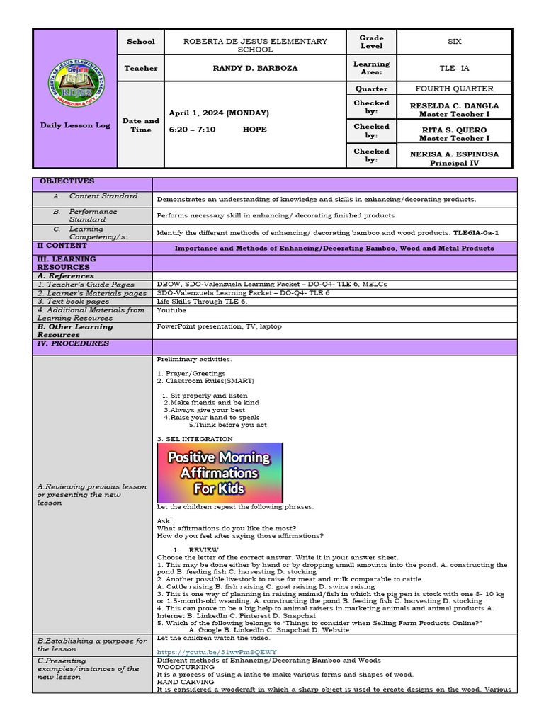 DLP Tle Ia April 1, 2024 | PDF | Wood Carving | Learning