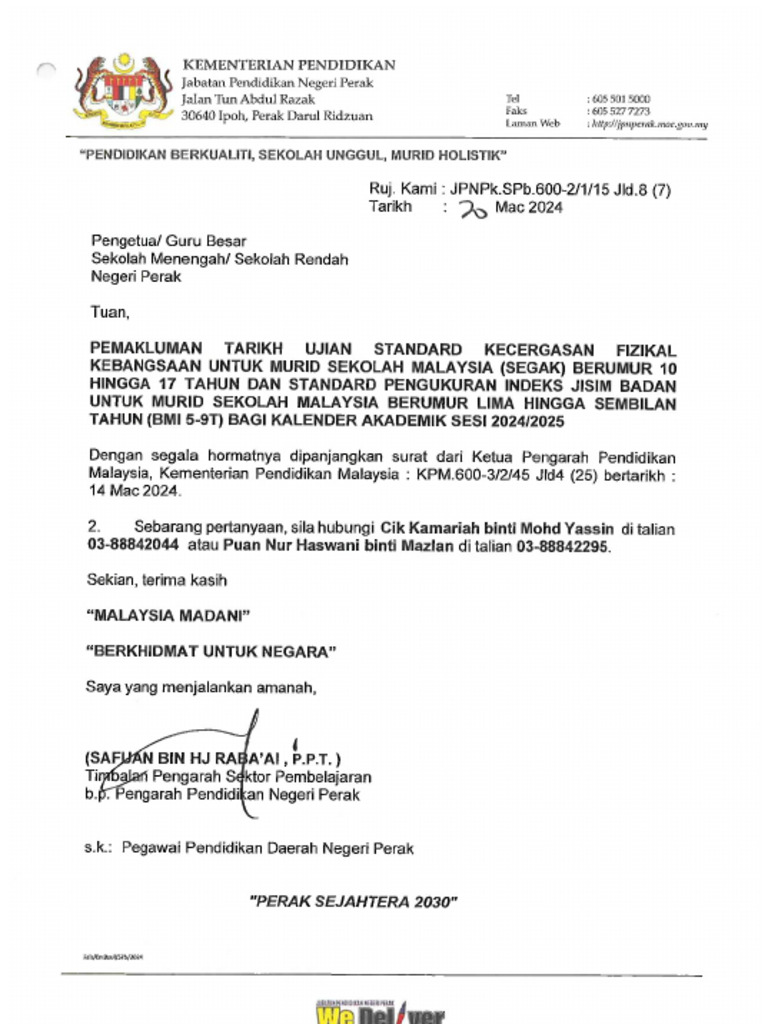 PEMAKLUMAN TARIKH UJIAN STNADARD KECERGASAN FIZIKAL KEB UNTUK MURID ...
