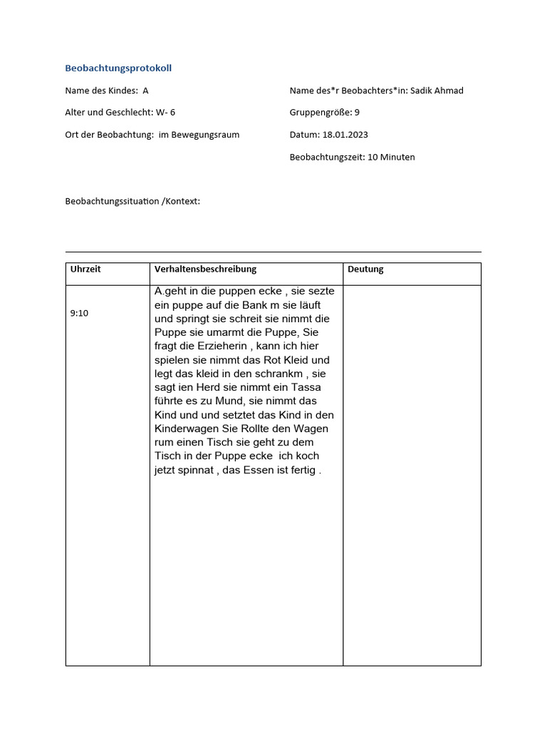 Kopie Von Beobachtungsprotokoll | PDF