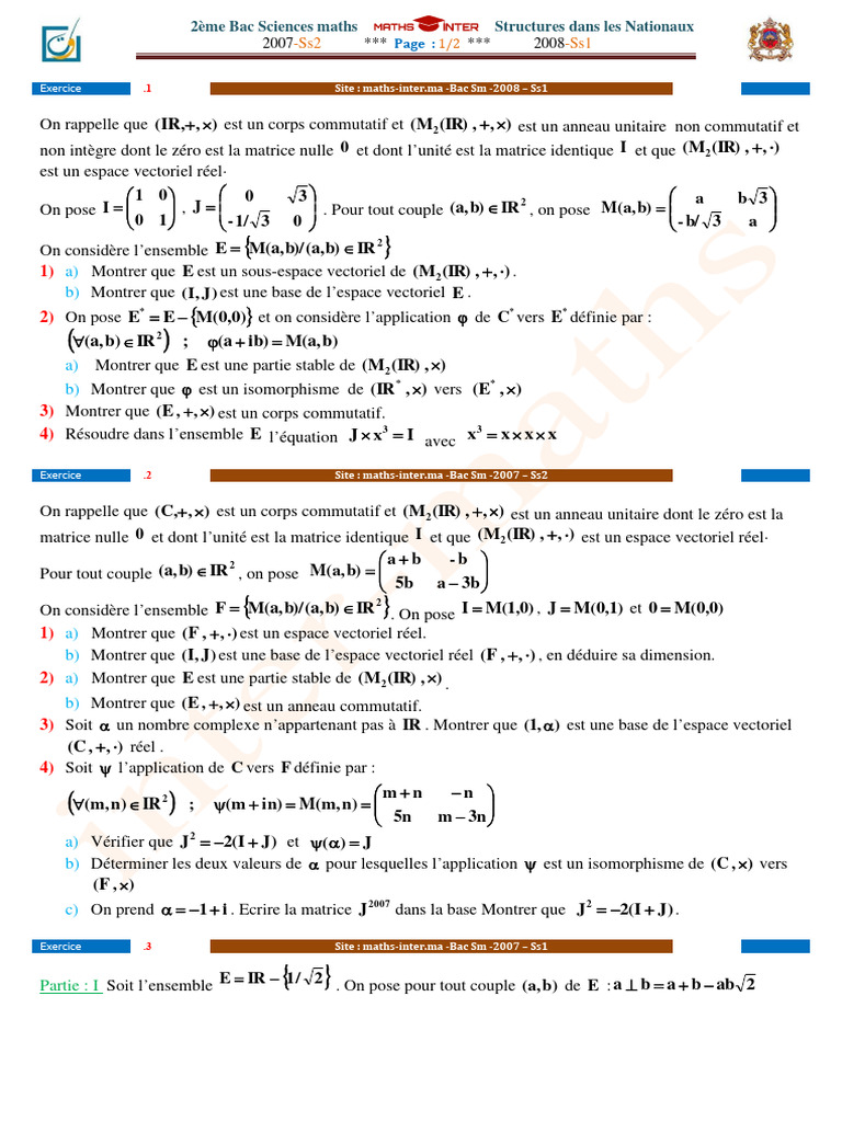 Exercices de Structures Algébriques pour 2ème Bac Sciences Maths | PDF