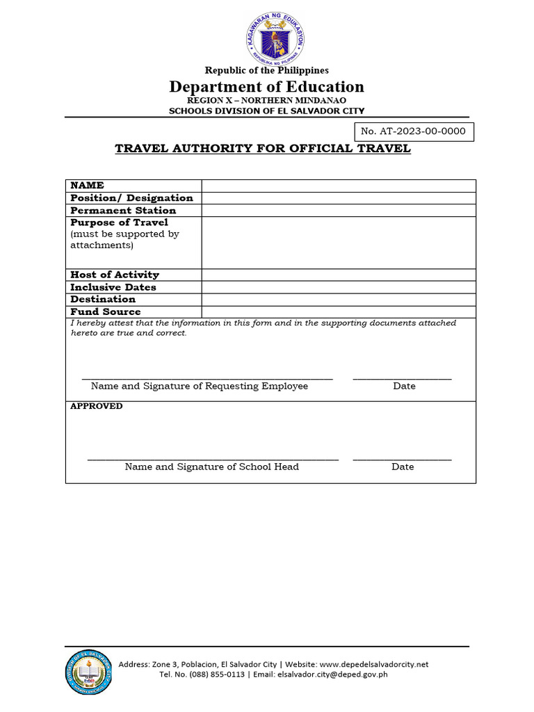 Authority To Travel - Local Official School Based Personnel - Within ...