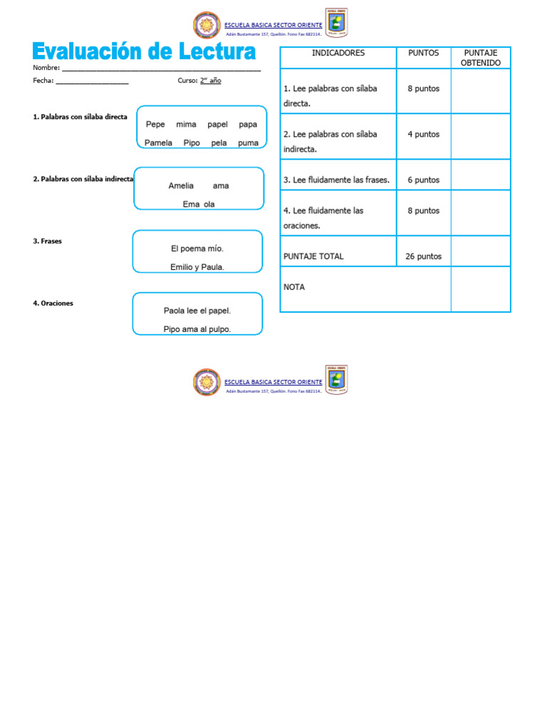 Pauta Evaluación Lectura | PDF