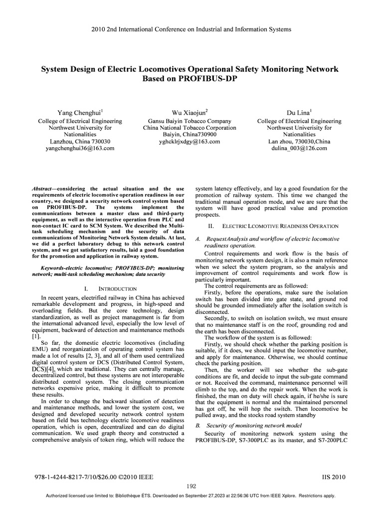 System Design of Electric Locomotives Operational Safety Monitoring Network Based On PROFIBUS-DP ...