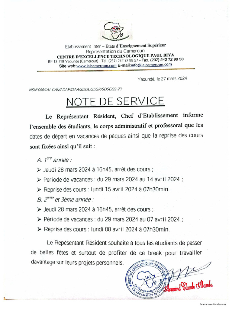 Note de Service Congés Paques | PDF