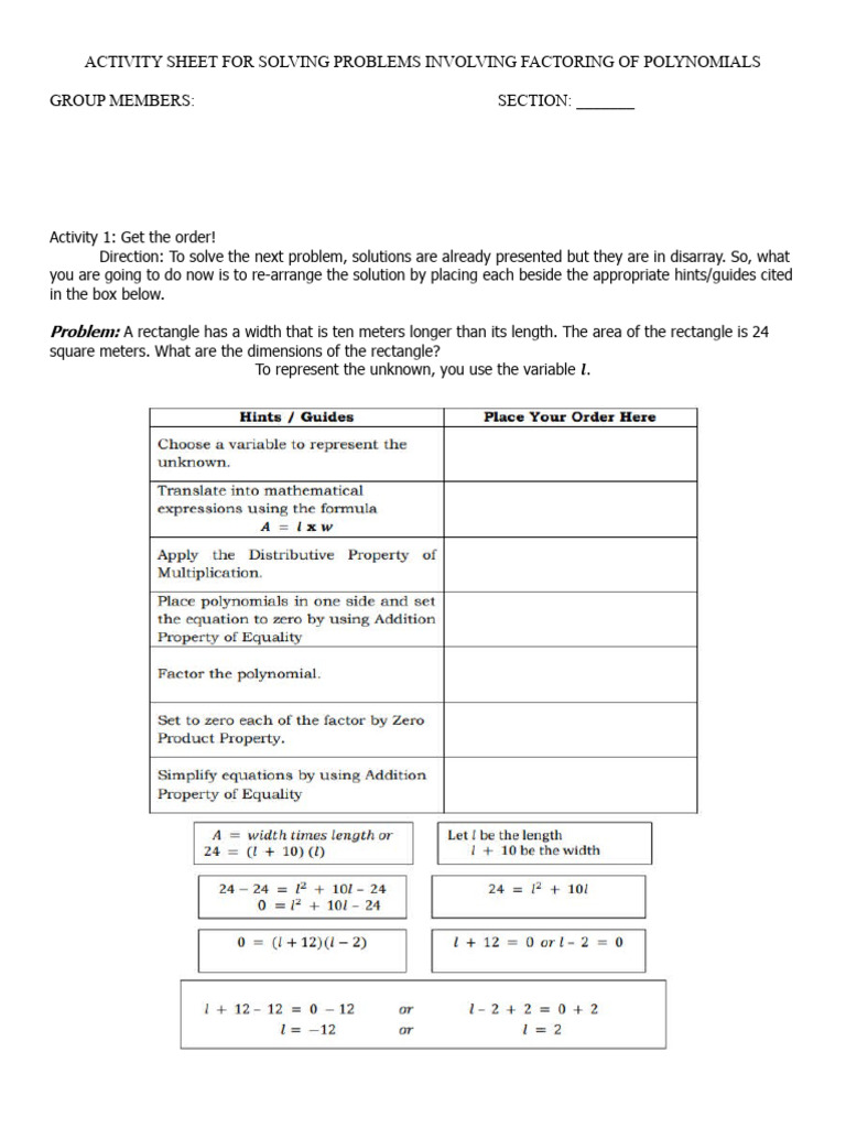 Activity Sheet For Solving Problems Involving Factoring of Polynomials ...
