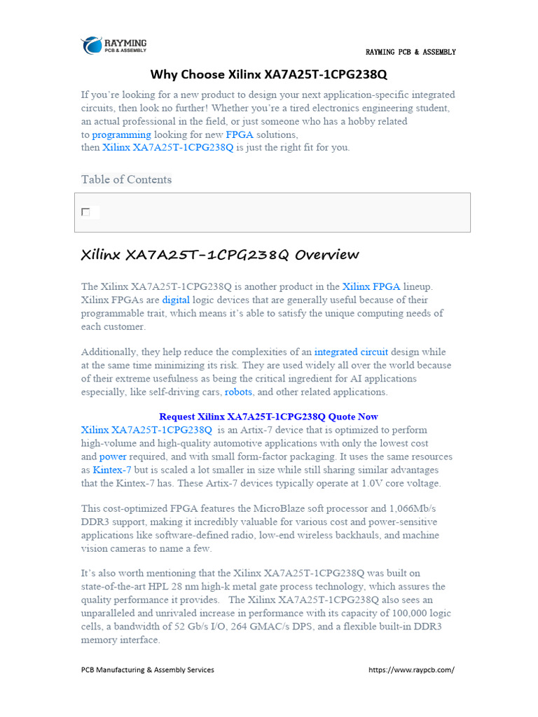 Why Choose Xilinx XA7A25T-1CPG238Q | PDF | Field Programmable Gate Array | Computer Science