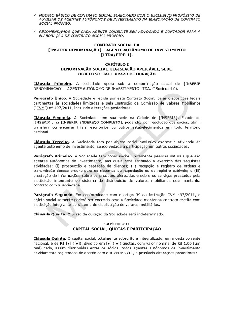 Modelo Basico de Contrato Social-2-1 | PDF | Contabilidade | Capital ...