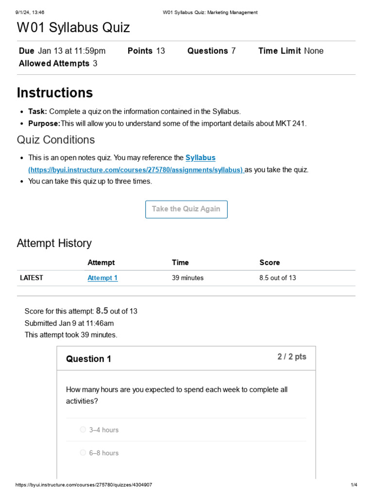 W01 Syllabus Quiz - Marketing Management | PDF | Quiz