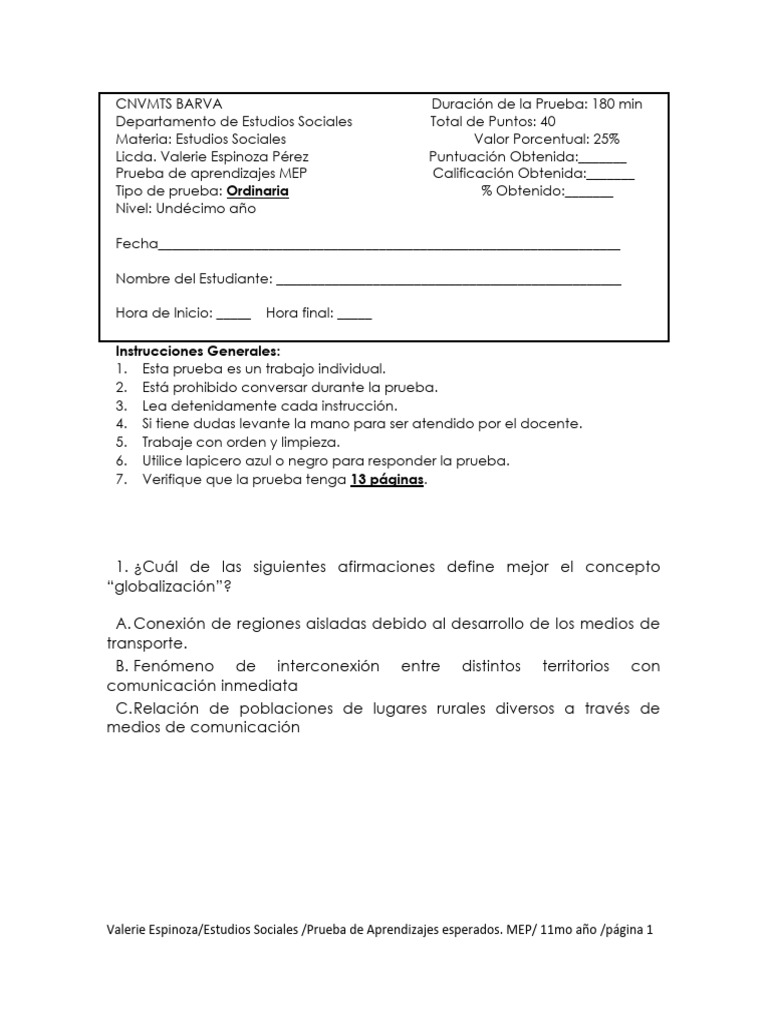 Prueba de Estudios Sociales MEP 2025 | PDF | Costa Rica | Sociedad