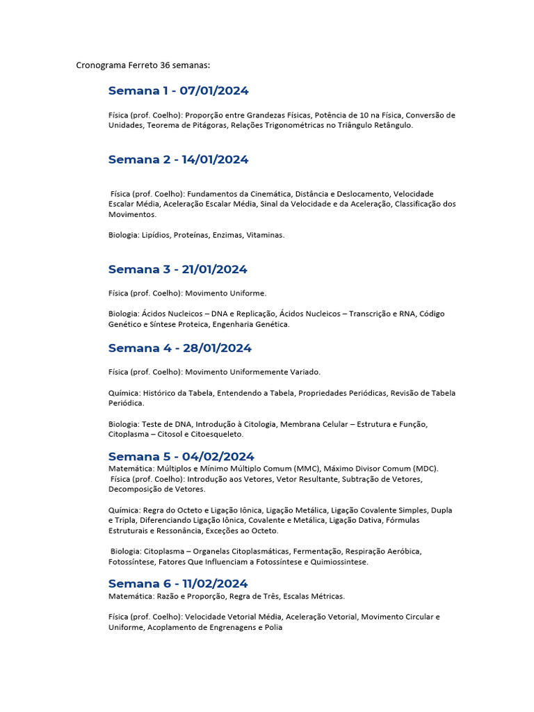 Cronograma Ferreto 36 Semanas | PDF | Física | Química