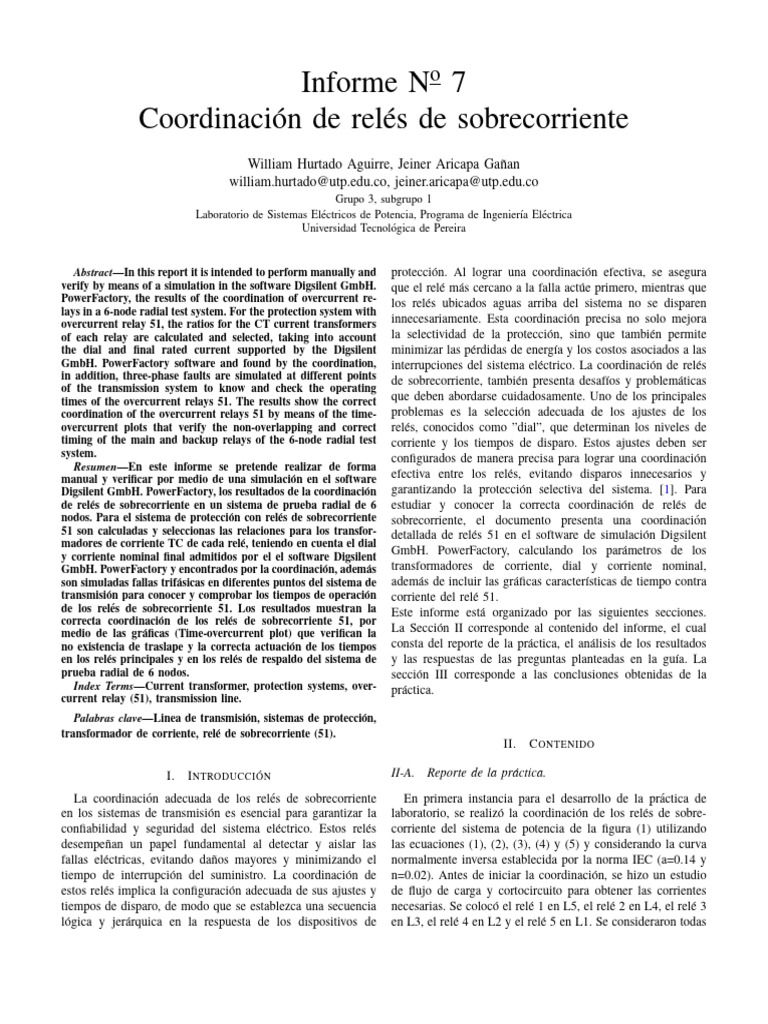 Informe No 7 Coordinaci N de Rel S de Sobrecorriente | Descargar gratis PDF | Relé | Transformador