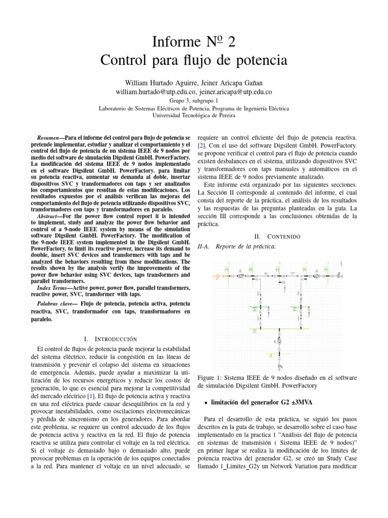 Informe No 2 Control para Flujo de Potencia | PDF | Transformador | voltaje
