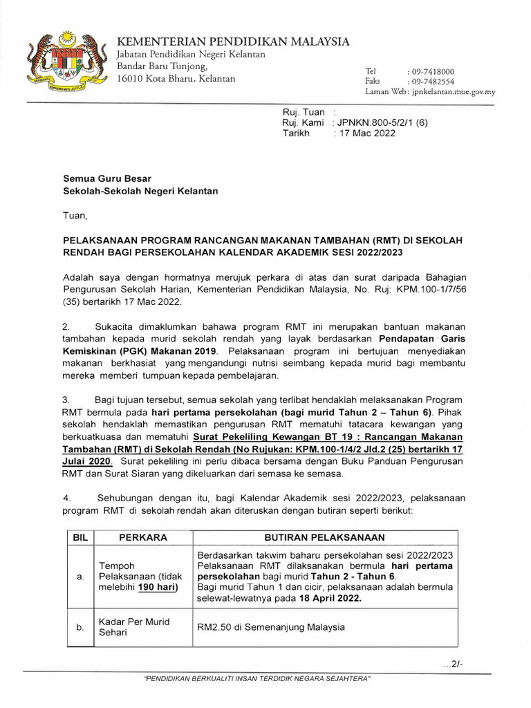 Bil 6. Surat Pelaksanaan RMT 2022-2023 | PDF