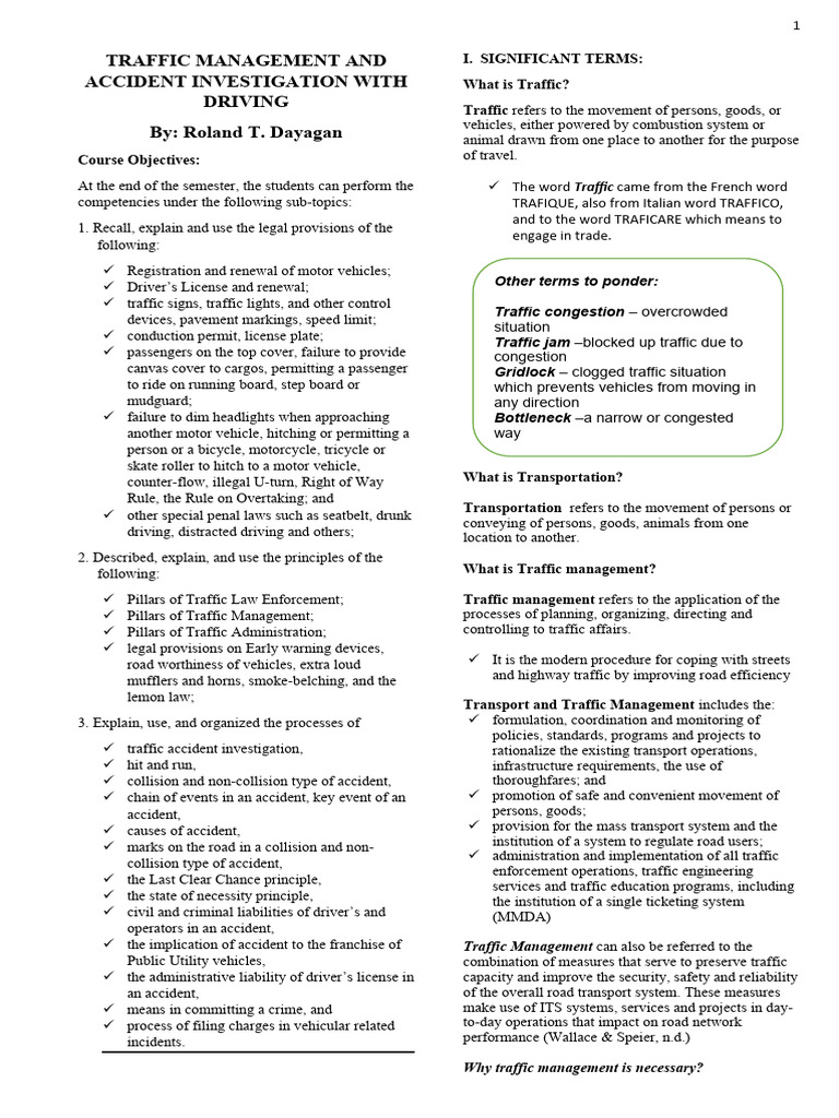 Notes in Traffic Management Accident Investigation WT Driving | PDF ...