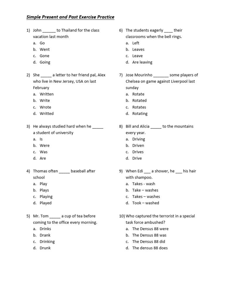 Simple Present and Past Tense Exercises | PDF