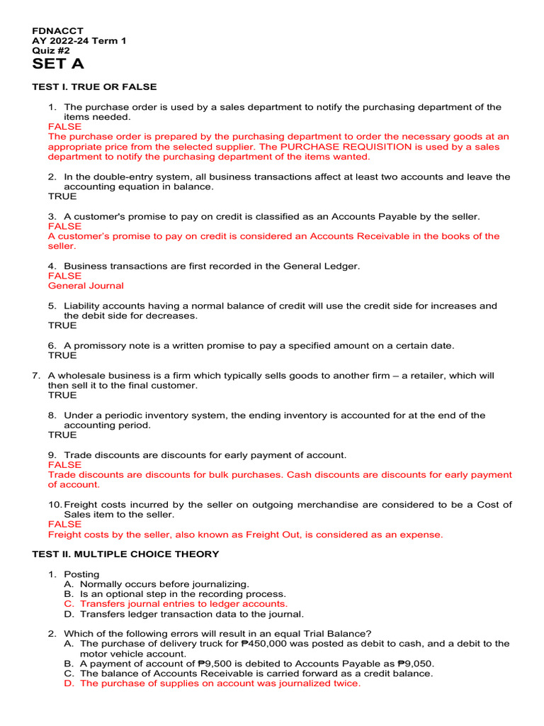 FDNACCT Quiz-2 Answer-Key Set-A | PDF | Debits And Credits | Economies